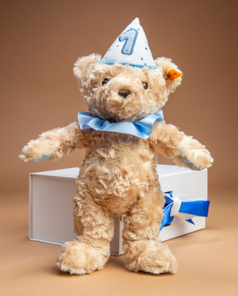 First Birthday Teddy Bear with Musical Box - Blue | Send A Cuddly